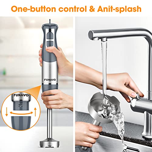 FUNAVO.vo Immersion Blender, 800W 5-in-1 Hand Blender 12 Speed 304 Stainless Steel Stick Blender with Turbo Mode, 600ml Beaker, 500ml Chopping Bowl, Whisk, Milk Frother, BPA-Free(Grey)