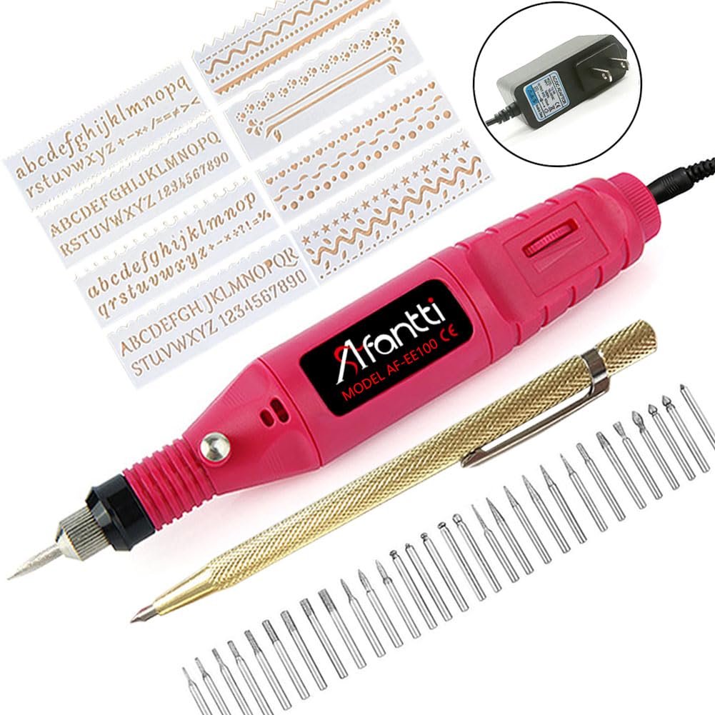 Afantti Micro Corded Electric Engraver Pen Mini DIY Engraving Tool Kit Etcher for Metal Glass Ceramic Plastic Jewelry with | Scriber | 30 Bits | 8 Stencils |