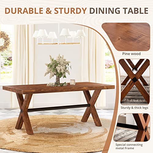 LUE BONA 71 inch Dining Table for 6-8, Solid Wood Farmhouse Kitchen Table with Natural Wood Grain, Heavy Duty Rectangular Kitchen Dining Table for Home and Dining Room, Light Brown