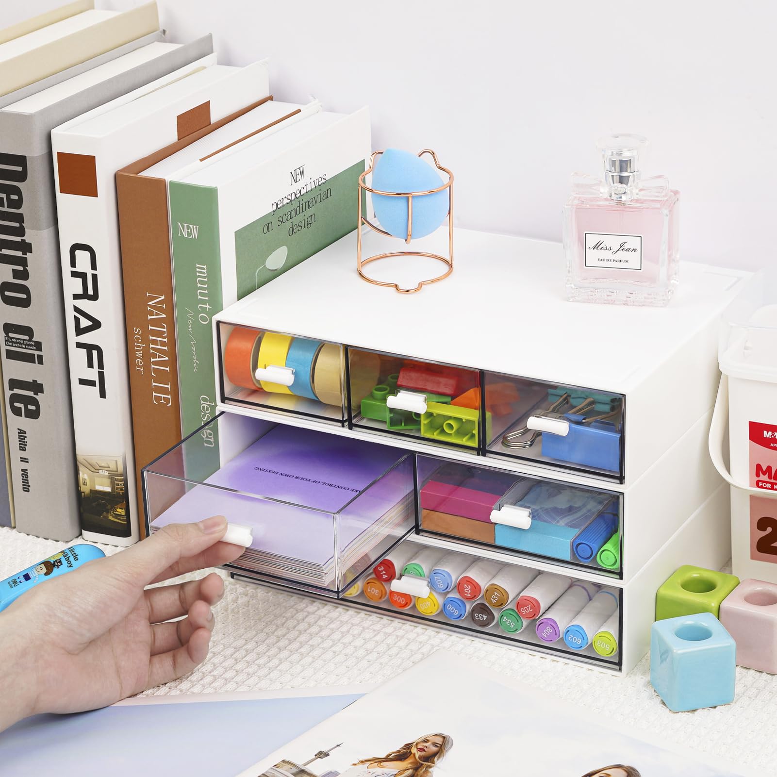 3 Tier Stackable Desk Organizer with 6 Drawers, Plastic Desk Storage Box Desktop Drawers, Detachable Makeup Storage Office Stationery Supplies Organizer for Desk Office School(New White)