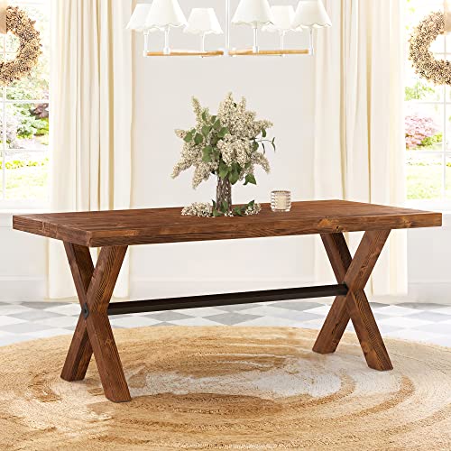 LUE BONA 71 inch Dining Table for 6-8, Solid Wood Farmhouse Kitchen Table with Natural Wood Grain, Heavy Duty Rectangular Kitchen Dining Table for Home and Dining Room, Light Brown
