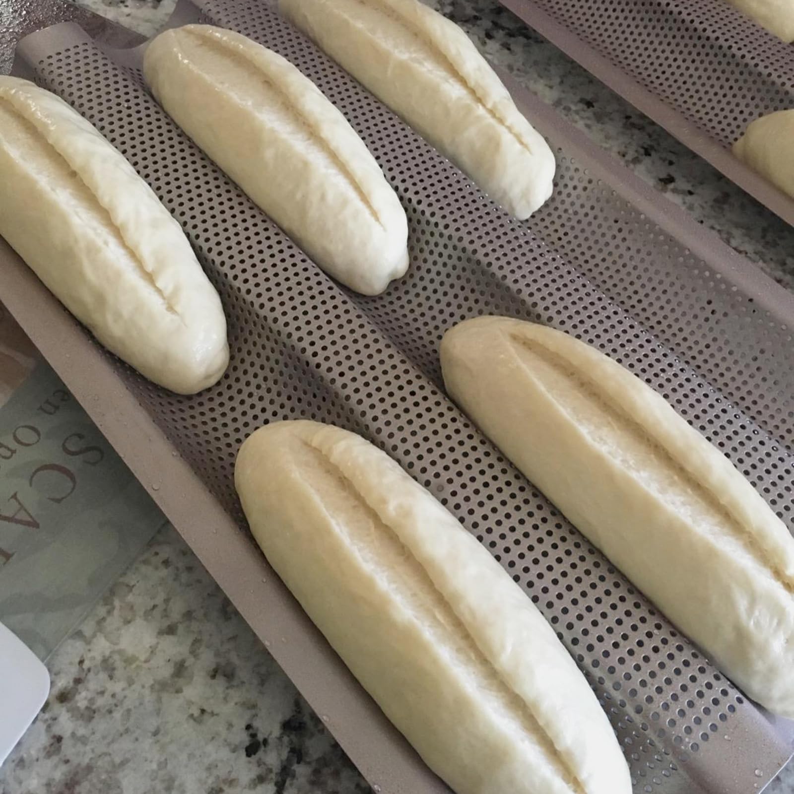TOPZEA 2 Pack Perforated Baguette Pan, Nonstick French Bread Baking Tray, 3 Wave Long Loaf Bake Mold Small Oven Toaster Pans for Toasting Hoagie Roll, Hot Dog Bun, 11.25" x 9.5"