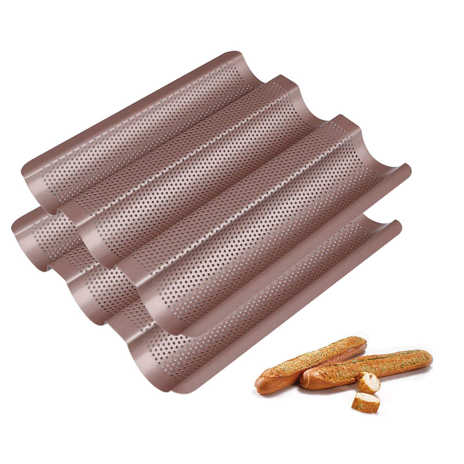 TOPZEA 2 Pack Perforated Baguette Pan, Nonstick French Bread Baking Tray, 3 Wave Long Loaf Bake Mold Small Oven Toaster Pans for Toasting Hoagie Roll, Hot Dog Bun, 11.25" x 9.5"