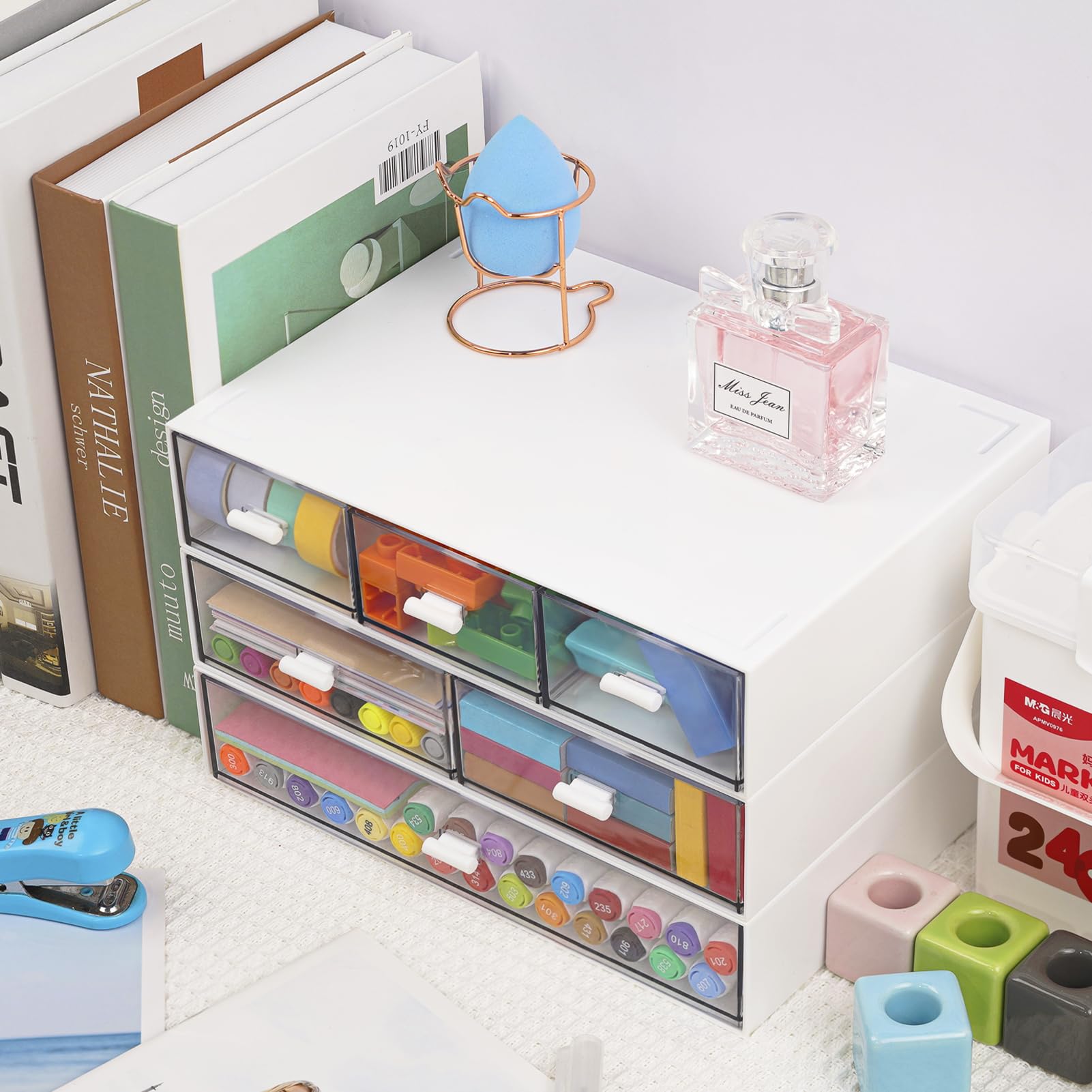 3 Tier Stackable Desk Organizer with 6 Drawers, Plastic Desk Storage Box Desktop Drawers, Detachable Makeup Storage Office Stationery Supplies Organizer for Desk Office School(New White)