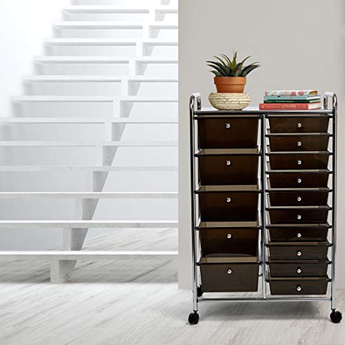 Seville Classics Rolling Utility Organizer Storage Cart , for Home Office, School, Classroom, Scrapbook, Hobby, Craft, 15 Drawer, Black