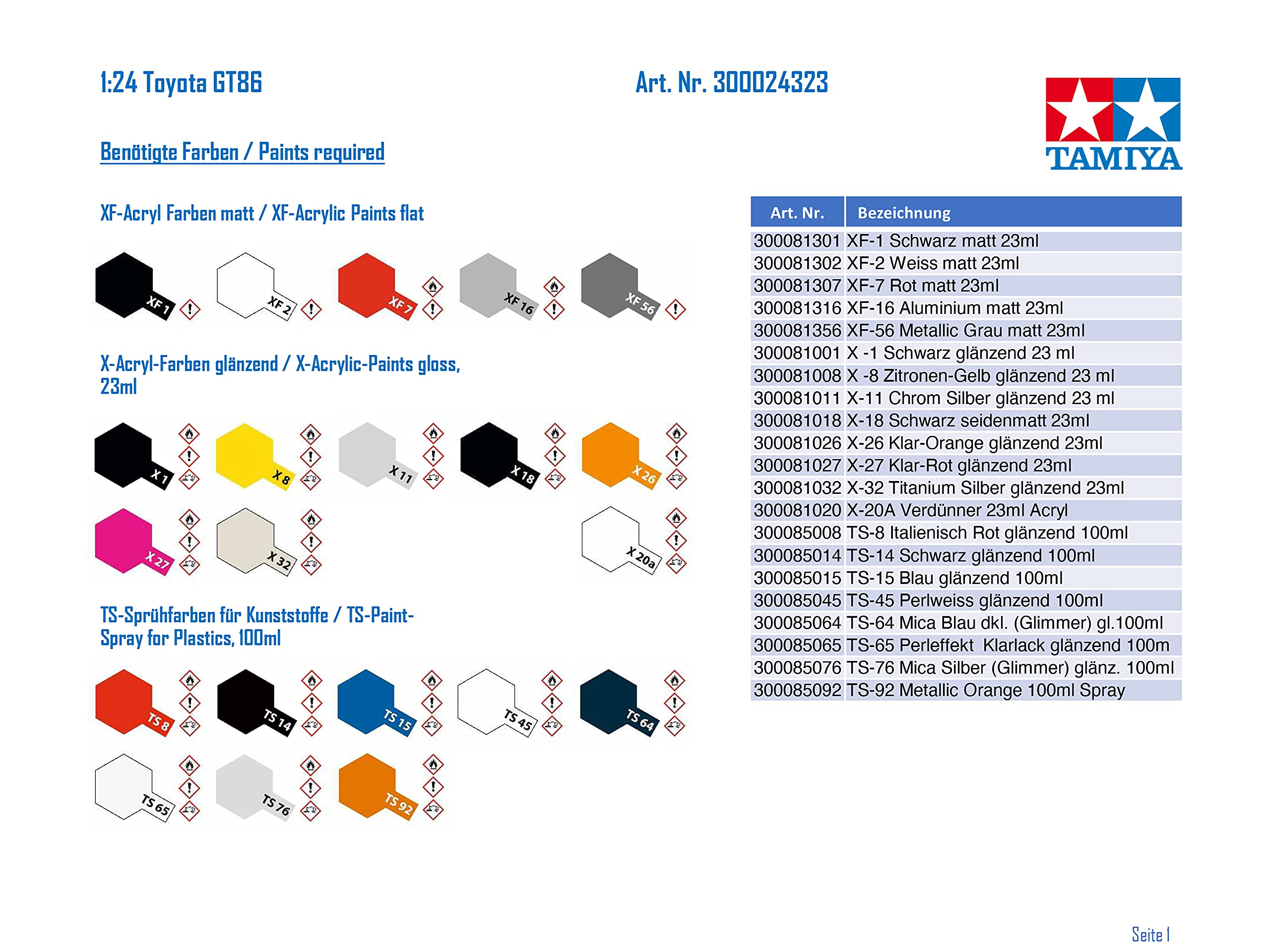 TAMIYA 300024323 Toyota GT86 Kit-Highly Detailed Model 1:24 Scale Movable Wheels and Steering 116 Pieces