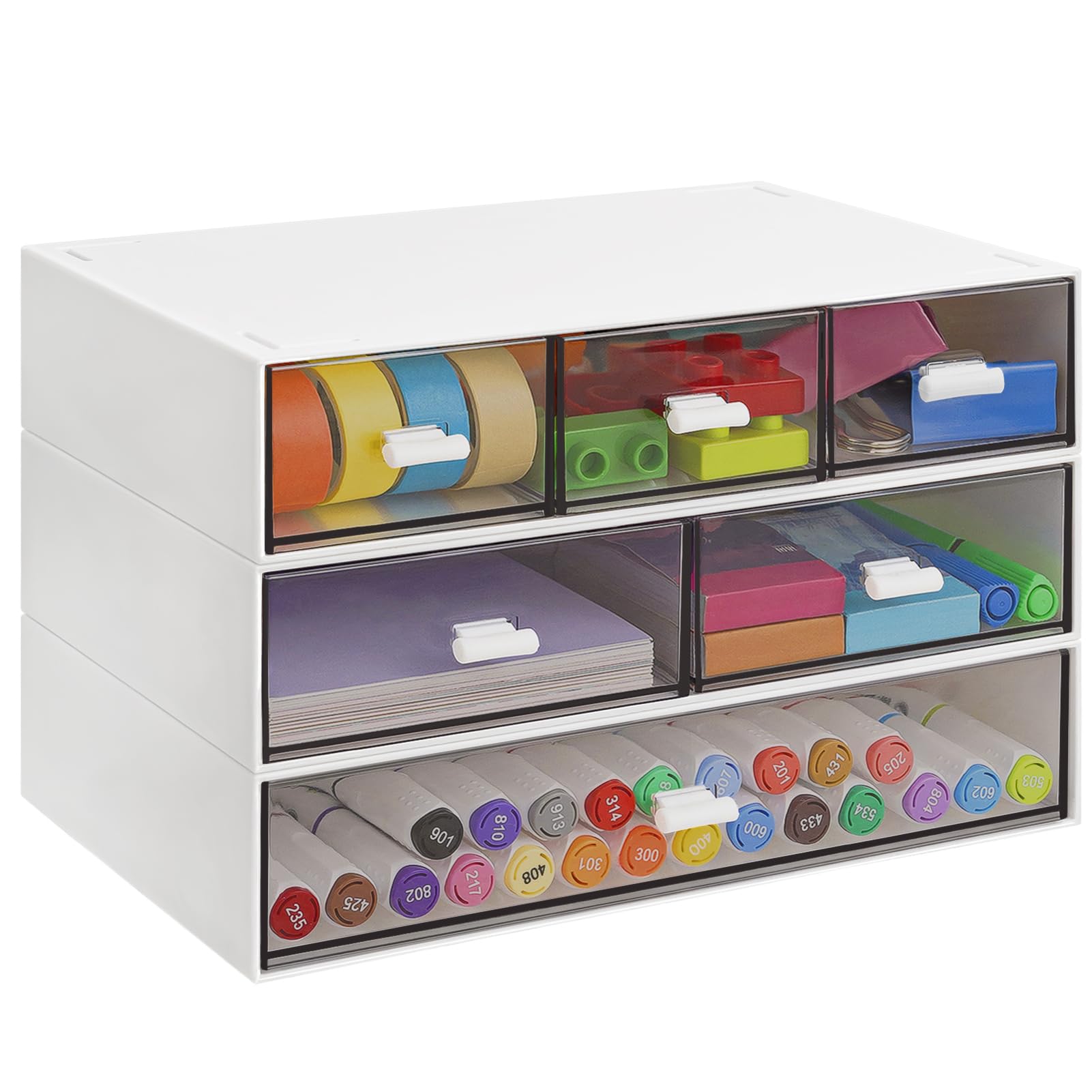 3 Tier Stackable Desk Organizer with 6 Drawers, Plastic Desk Storage Box Desktop Drawers, Detachable Makeup Storage Office Stationery Supplies Organizer for Desk Office School(New White)