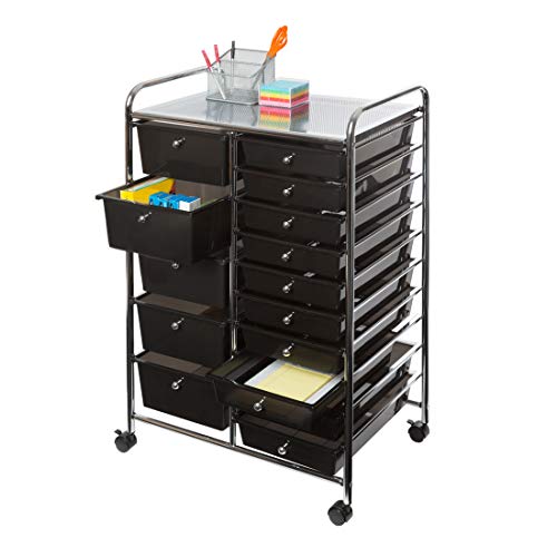 Seville Classics Rolling Utility Organizer Storage Cart , for Home Office, School, Classroom, Scrapbook, Hobby, Craft, 15 Drawer, Black