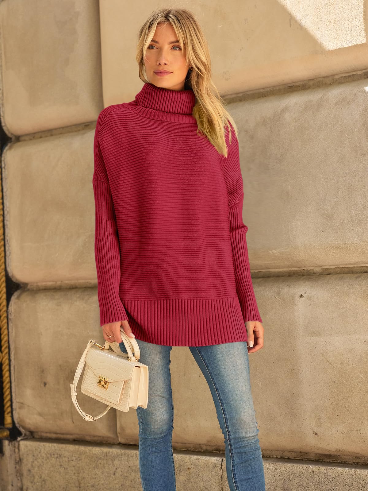 LILLUSORY Womens Turtleneck Oversized Tunic Fall Sweaters 2025 Casual Long Pullover Knit Winter Cute Poncho Fashion Trendy Clothes Outfits Clothing Tops Leggings Red