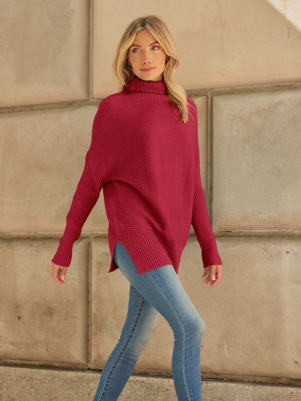 LILLUSORY Womens Turtleneck Oversized Tunic Fall Sweaters 2025 Casual Long Pullover Knit Winter Cute Poncho Fashion Trendy Clothes Outfits Clothing Tops Leggings Red