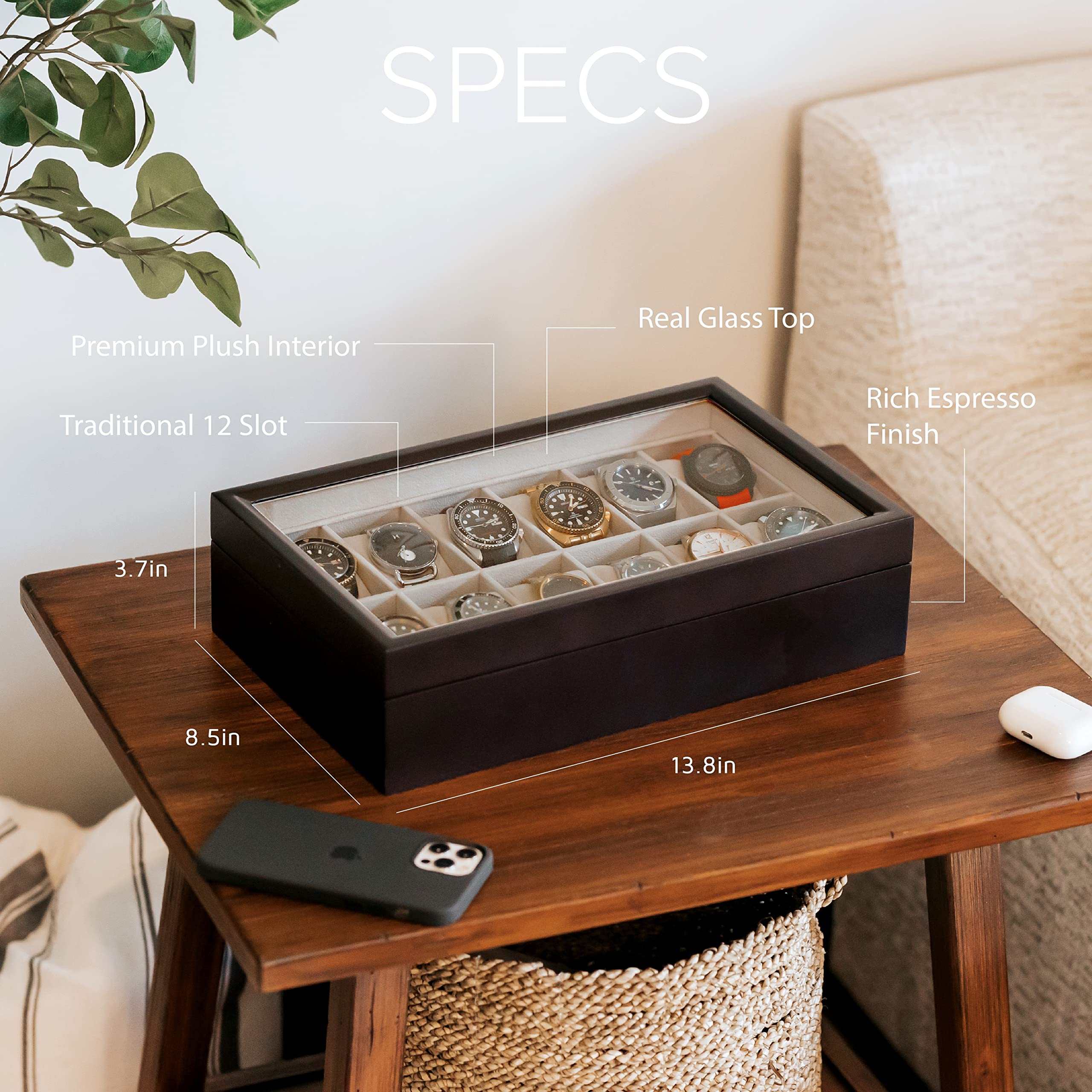 CASE ELEGANCE Solid Espresso 12 Slot Wood Watch Box Organizer with Glass Display Top