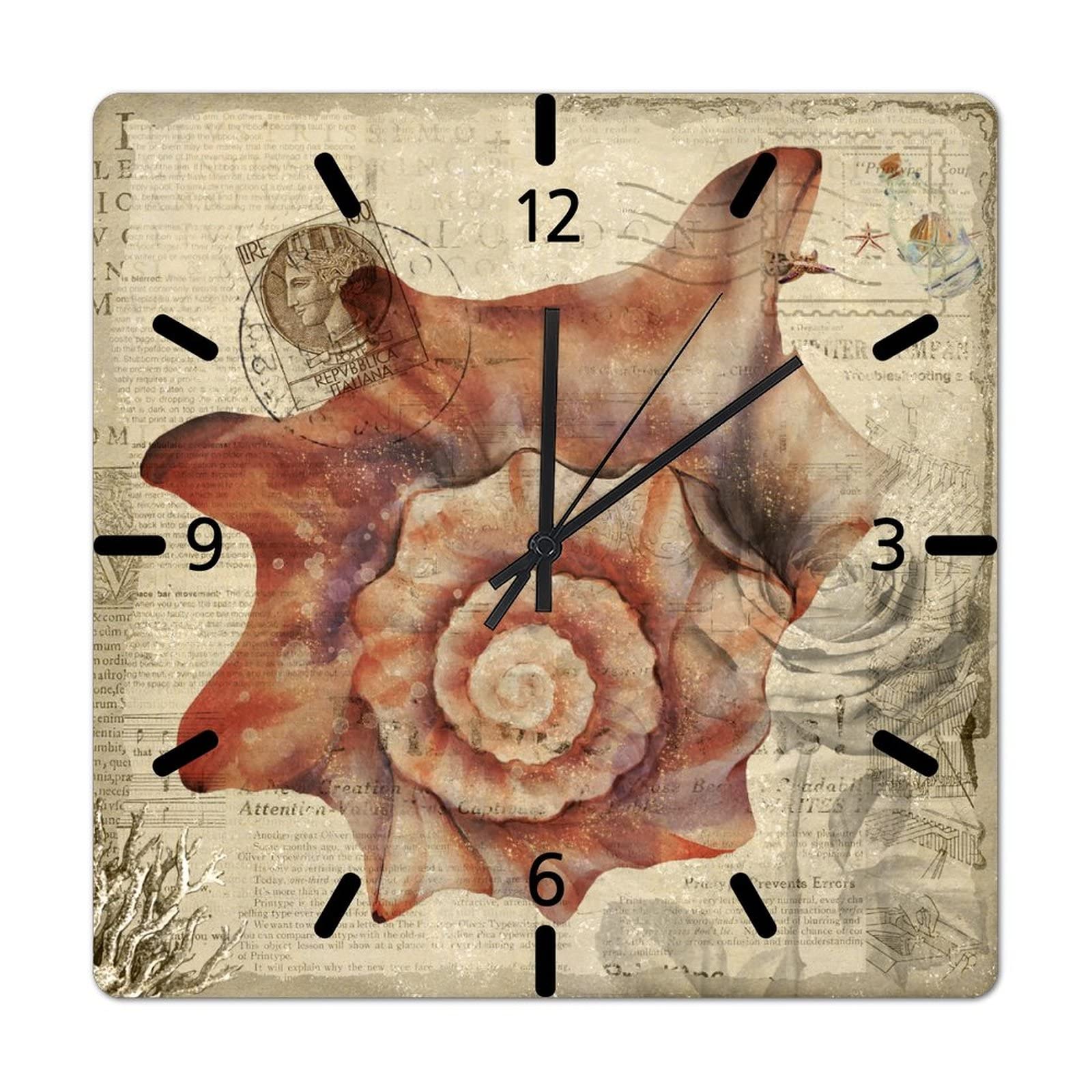 Old Newspaper Hanging Clock 12in Vintage Conch Shell Wooden Clock Ocean Nautical Art Quartz Analog Battery Operated Nature Wall Decor for Farmhouse Home Dining Room Homeschool Travel Trailer