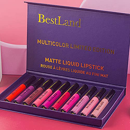 BestLand 10pcs/Set Matte Lipstick Lip Kit, Velvety Liquid Lipstick Waterproof Long Lasting Durable Nude Lip Gloss Beauty Cosmetics Gift Box Makeup Set Kit (10 Piece Set)