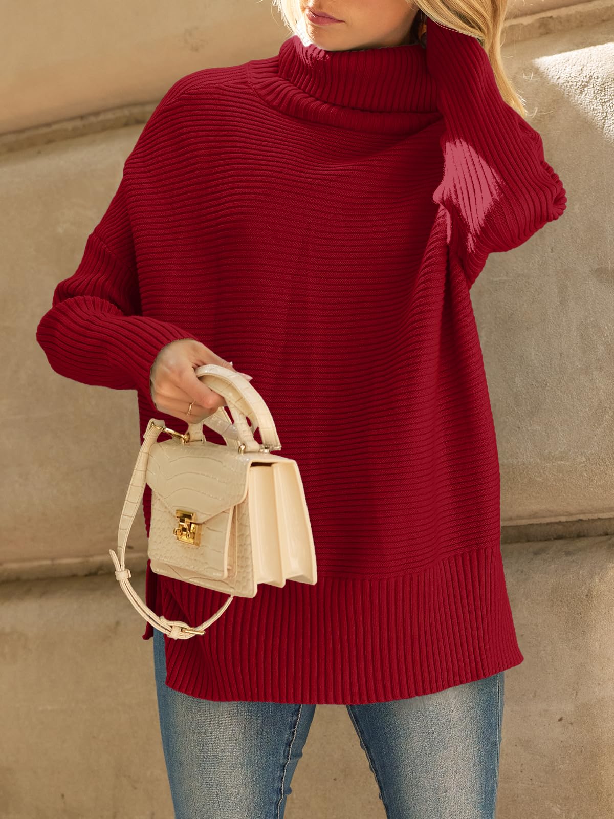 LILLUSORY Womens Turtleneck Oversized Tunic Fall Sweaters 2025 Casual Long Pullover Knit Winter Cute Poncho Fashion Trendy Clothes Outfits Clothing Tops Leggings Red