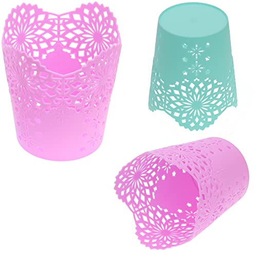 AOKIVIGOA 8pcs Set Pencil Holder Cup Lovely Cute Plastic Hollow Flower Pencil Pots for Office School and Home Pen Ruler Stationery Makeup Brush Storage Organizer with Sticky Notes (Multicoloured)
