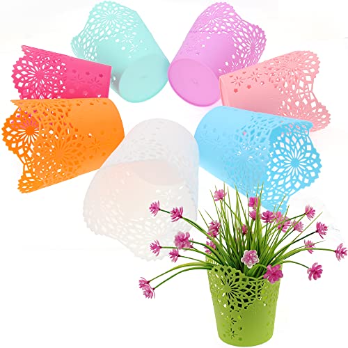 AOKIVIGOA 8pcs Set Pencil Holder Cup Lovely Cute Plastic Hollow Flower Pencil Pots for Office School and Home Pen Ruler Stationery Makeup Brush Storage Organizer with Sticky Notes (Multicoloured)