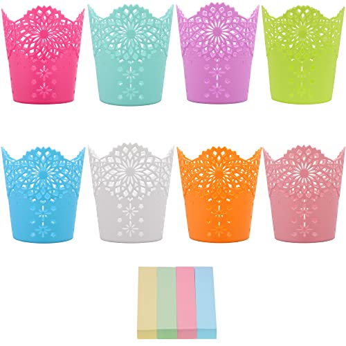AOKIVIGOA 8pcs Set Pencil Holder Cup Lovely Cute Plastic Hollow Flower Pencil Pots for Office School and Home Pen Ruler Stationery Makeup Brush Storage Organizer with Sticky Notes (Multicoloured)