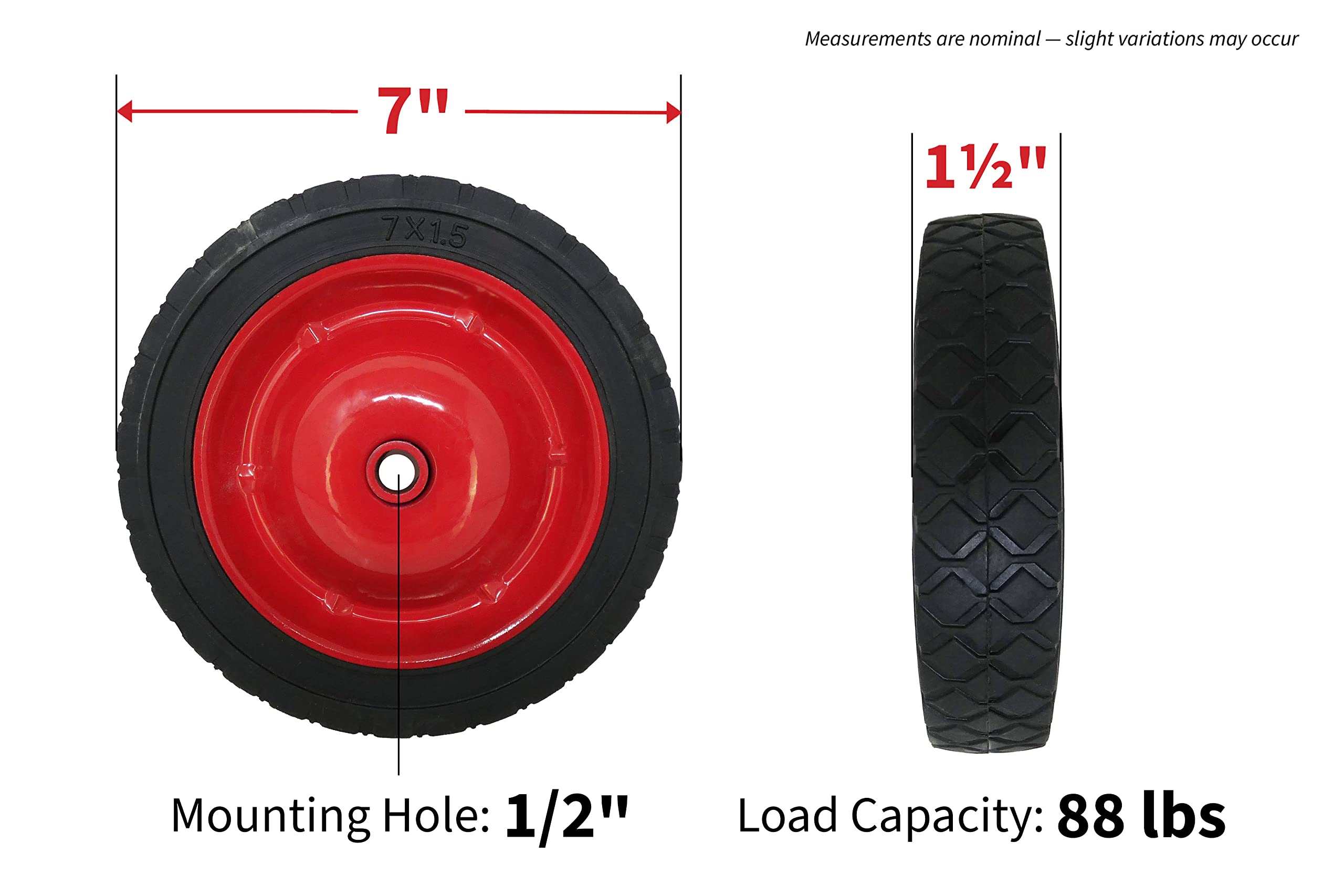 Shepherd Hardware 9593 7-Inch Semi-Pneumatic Rubber Tire, Steel Hub with Grafoil Bearings, Diamond Tread, 1/2-Inch Bore Offset Axle