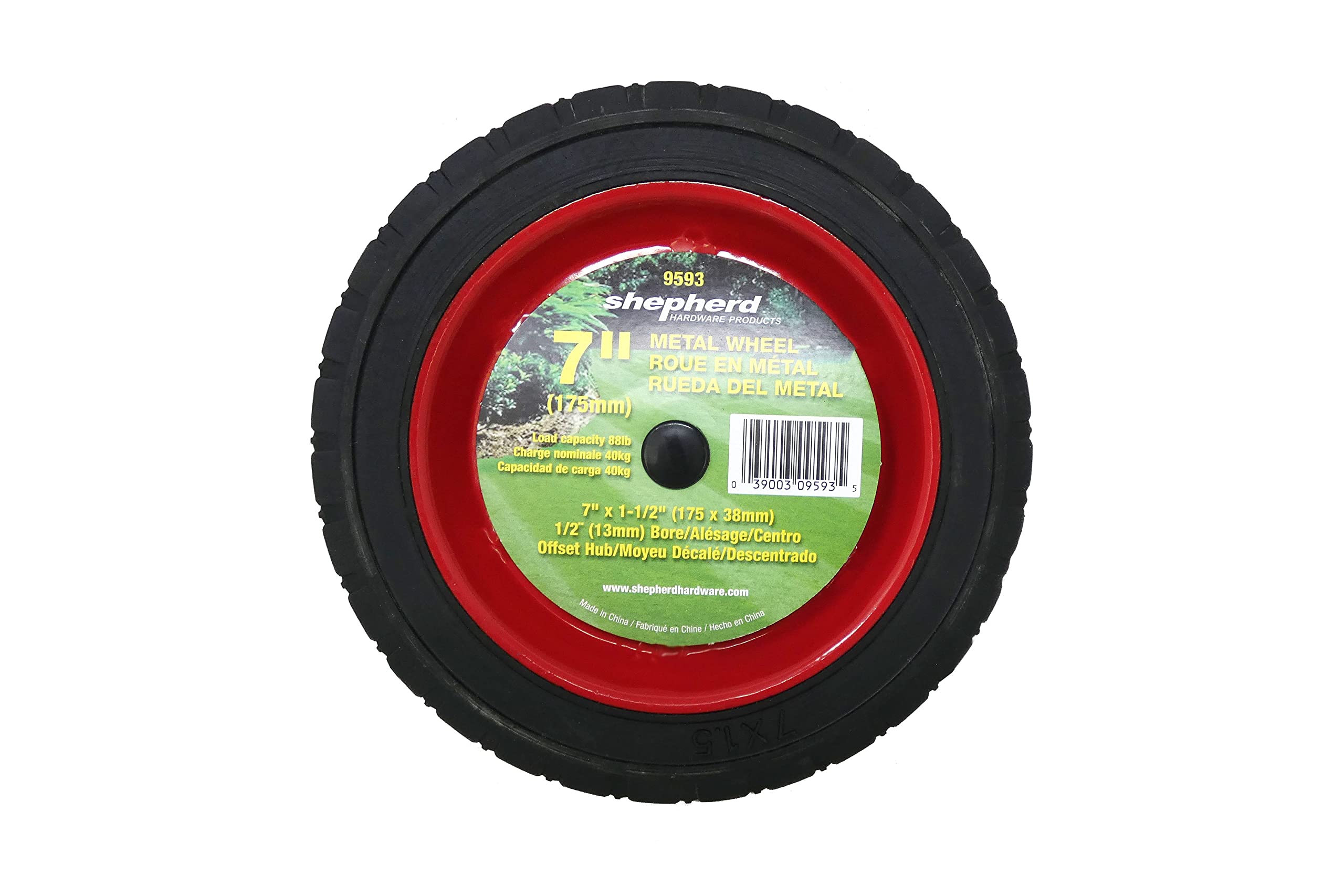 Shepherd Hardware 9593 7-Inch Semi-Pneumatic Rubber Tire, Steel Hub with Grafoil Bearings, Diamond Tread, 1/2-Inch Bore Offset Axle