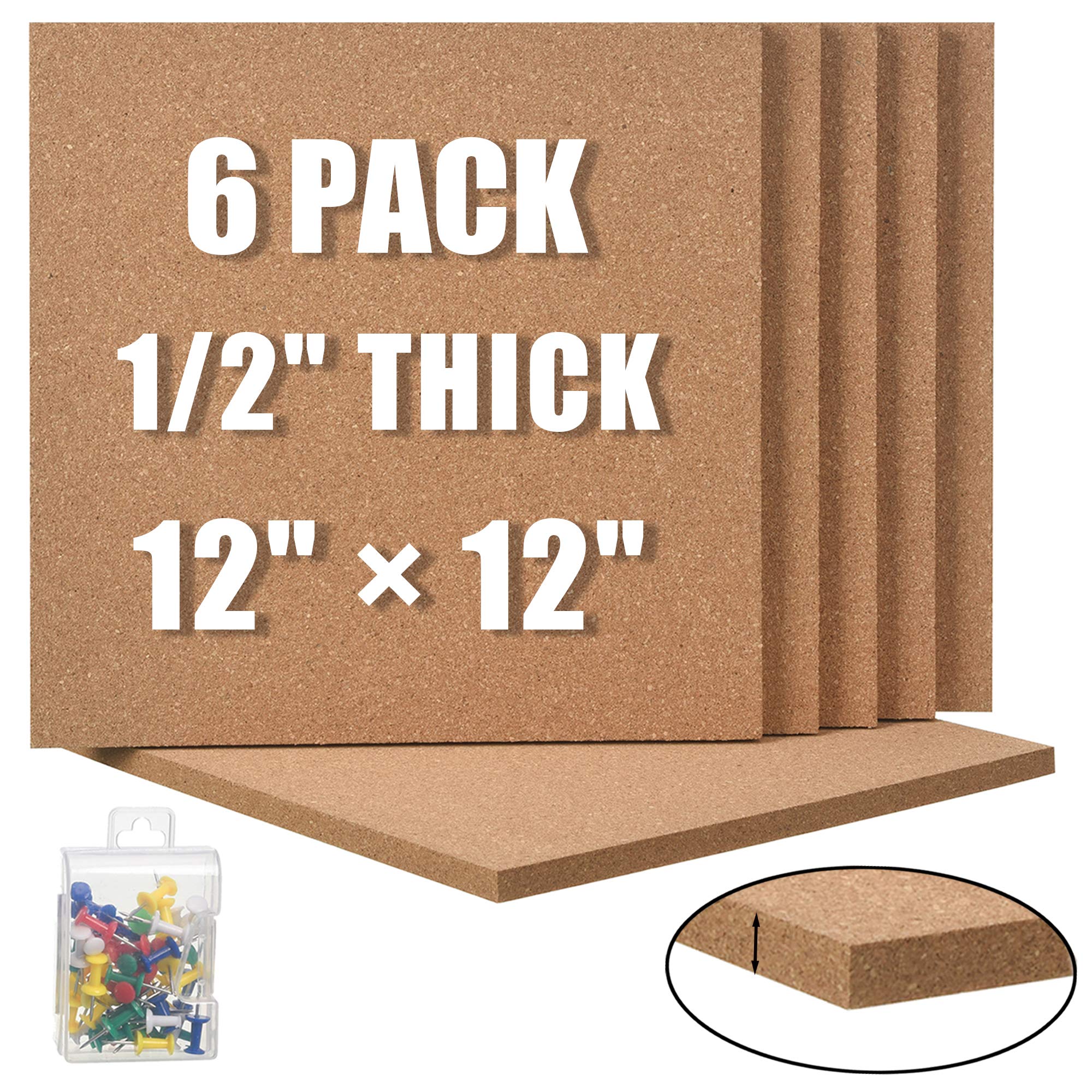 SUNGIFT Cork Board 12"x12" - 1/2" Thick Square Bulletin Boards Cork Tiles with 50 Push Pins Mini Wall, 6 Pack Self-Adhesive Corkboards for Wall