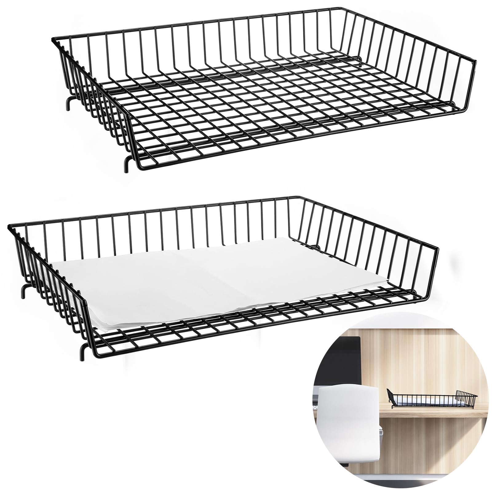 Hicarer 2 Pcs 2 Pcs Metal Paper Tray 11 x 17 Inch Iron Wire Grid Desk File Document Letter Tray 11 x 17 Paper Desk Organizer Wide Entry Basket for Office Home (Black)