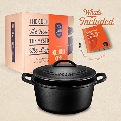 Legend Cookware Cast Iron Dutch Oven | 5qt Heavy-Duty Pot with Cast Iron Lid for Oven, Induction, Cooking, Browning, Braising & Grilling | Lightly Pre-Seasoned Cookware Gets Better with Use