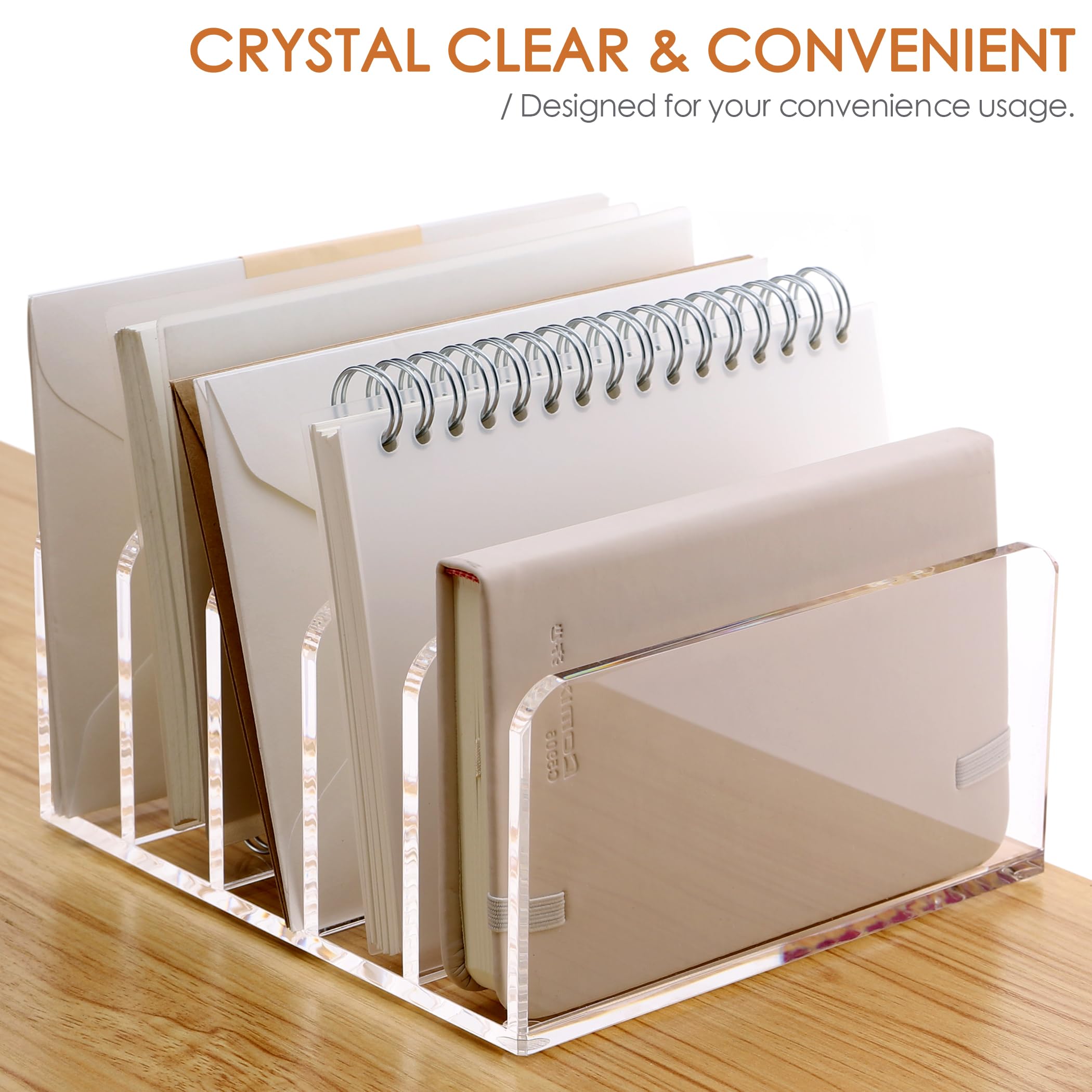 SANRUI Acrylic Desk Organizer, 5 Compartments Mail Organizer,Small File Holders Letter Organizer,Clear Office Organization,Multifunction Sorter Envelope Rack for Office,Home, School
