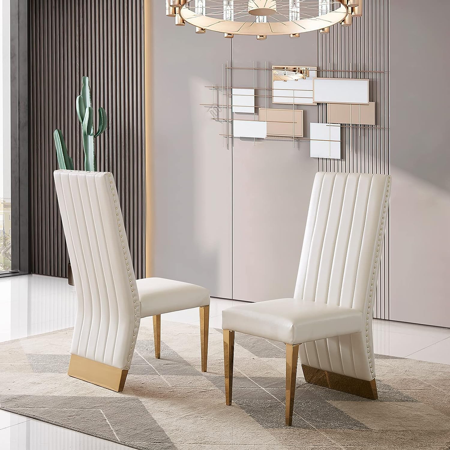 AUZ Gold Dining Table Set for 4, Modern Glass Dining Room Table with 6 White and Gold Dining Chairs, 5 Piece Luxury Dining Set for Kitchen and Dining Room