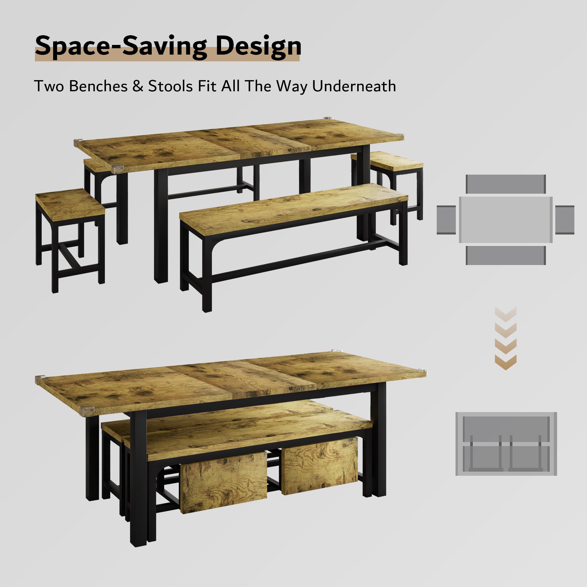 iPormis 5-Piece Dining Table Set for 4-8 People, Extendable Kitchen Table Set with 2 Benches and 2 Square Stools, Mid-Century Dining Room Table with Metal Frame & MDF Board, Saving Space, Rustic Brown