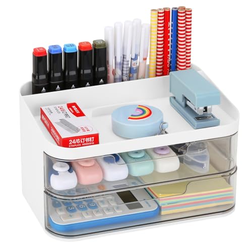 LETURE Desk Organizer with 2 Drawer, Plastic Desktop Storage Organizer Pencil Card Holder Box Container for Desk, Office School Home Supplies, Vanity Table (White)