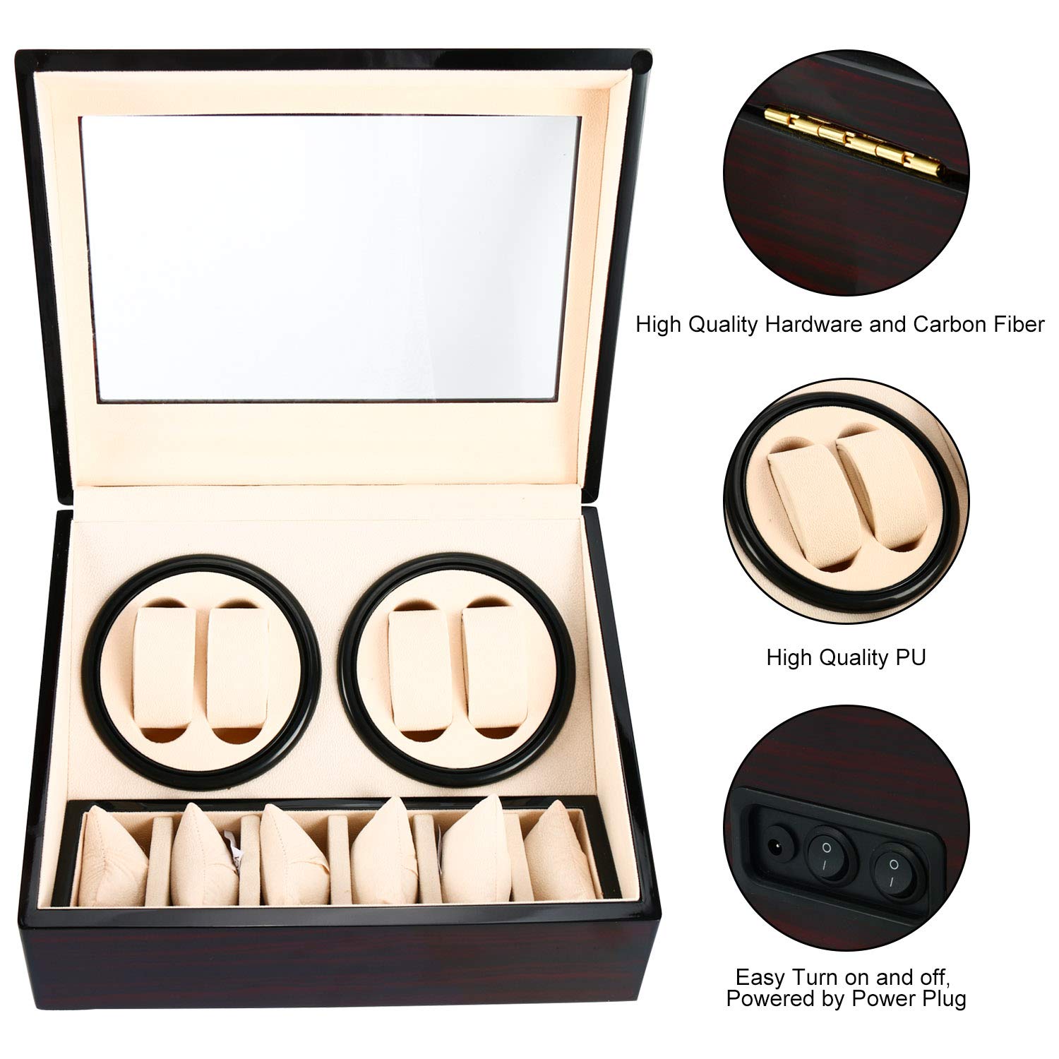 Homend Luxury 4+6 Automatic Watch Winder Deluxe Wooden Dual Automatic Motor Rotating Watches Display Storage Box