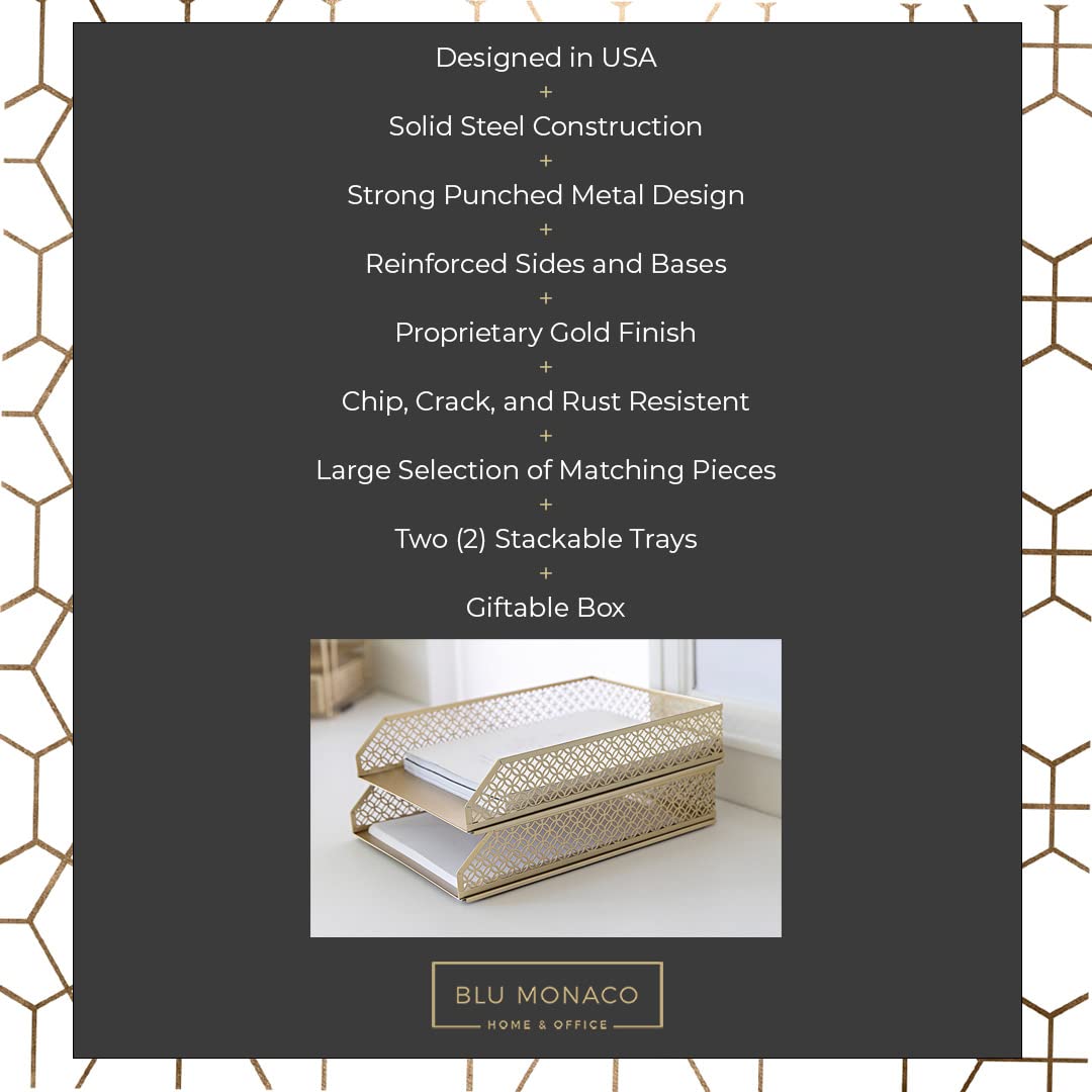 Blu Monaco Gold Desk Organizer Stackable Paper Tray Set of 2 - Metal Two Tier Tray - Stackable Letter Tray - Inbox Tray for Desk