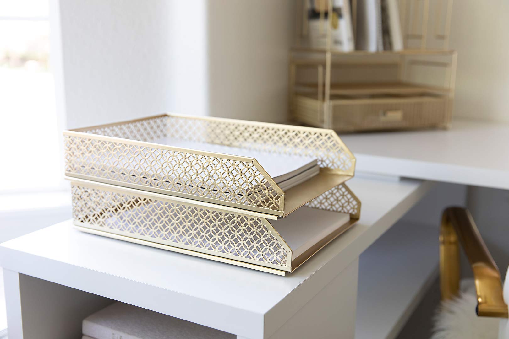 Blu Monaco Gold Desk Organizer Stackable Paper Tray Set of 2 - Metal Two Tier Tray - Stackable Letter Tray - Inbox Tray for Desk