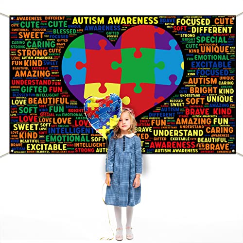 Nepnuser Autism Awareness Photo Booth Backdrop Puzzle Piece Love Heart April Decoration Be Kind Indoor Outdoor Wall Decor-5.9×3.6ft