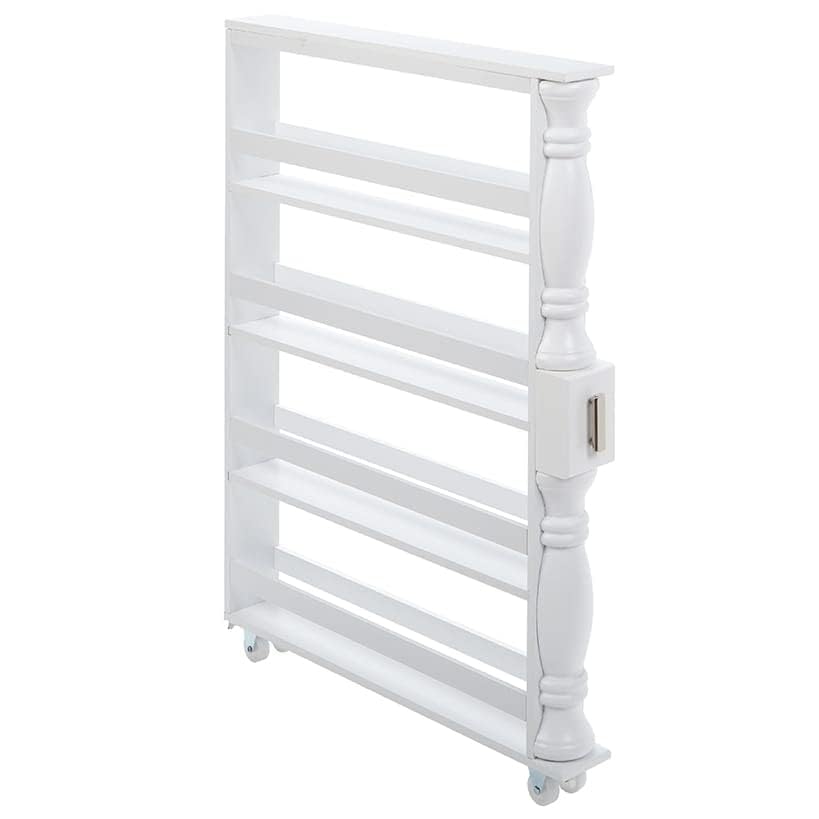 The Lakeside Collection Slim 4 Tier White Wooden Storage Rack Cart on Wheels for Small Spaces, Kitchen, Bathroom Laundry Room Organization
