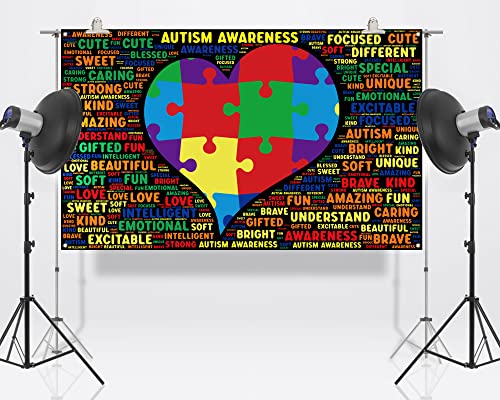 Nepnuser Autism Awareness Photo Booth Backdrop Puzzle Piece Love Heart April Decoration Be Kind Indoor Outdoor Wall Decor-5.9×3.6ft