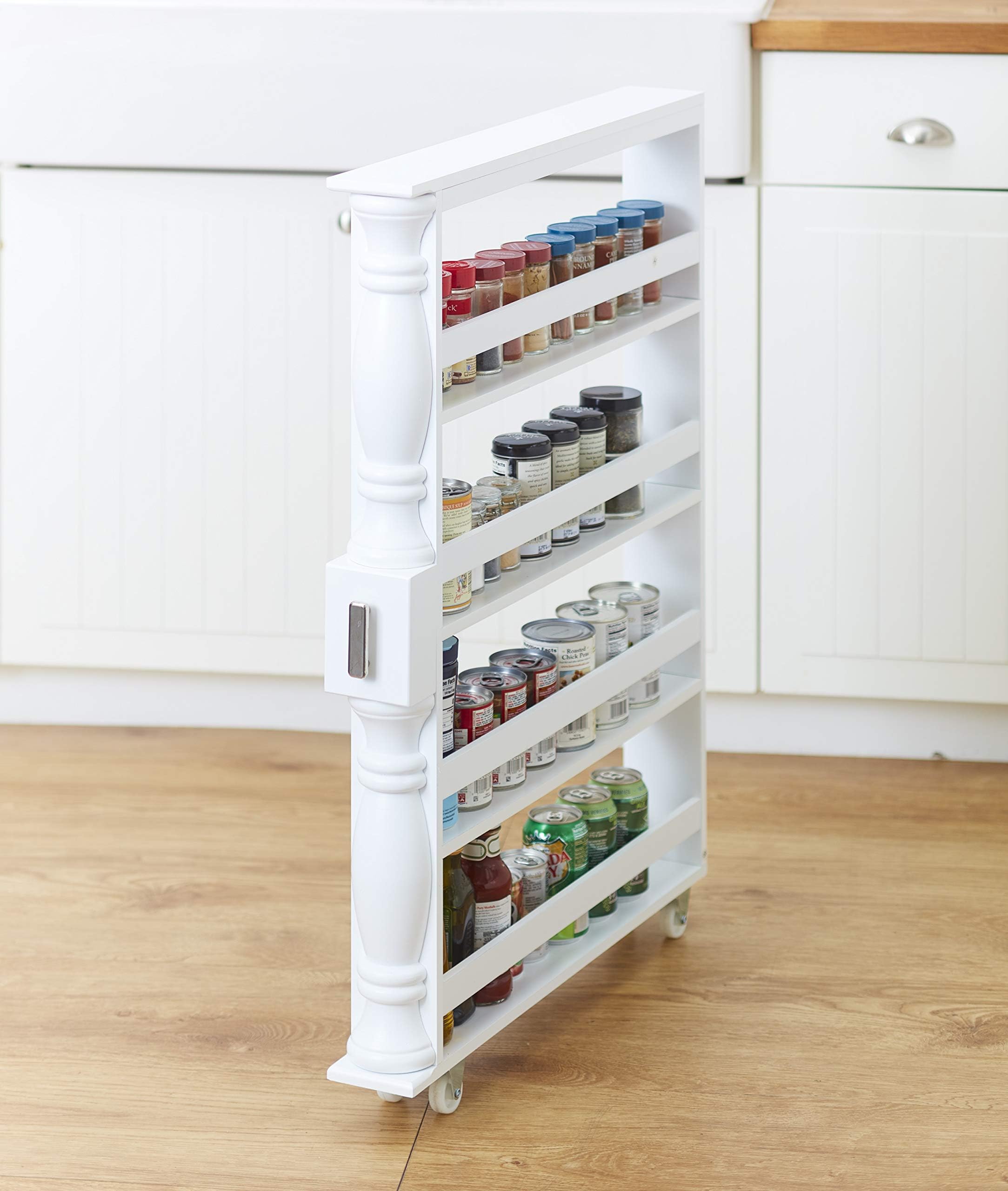 The Lakeside Collection Slim 4 Tier White Wooden Storage Rack Cart on Wheels for Small Spaces, Kitchen, Bathroom Laundry Room Organization
