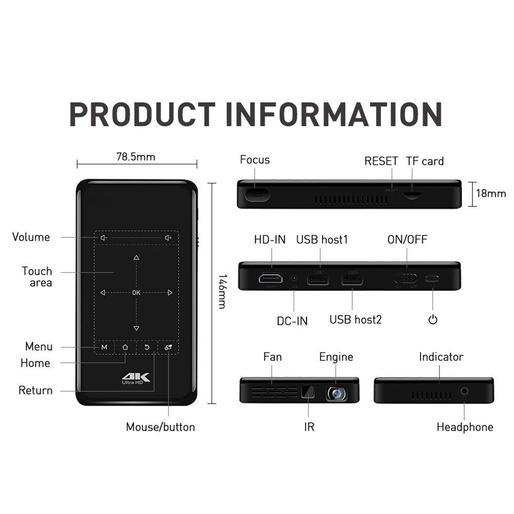 ROMIX Mini Portable Pocket Smart Projector with DLO,HD-in and HD 4K decoding,Compatible with Android,iPhone and Windows