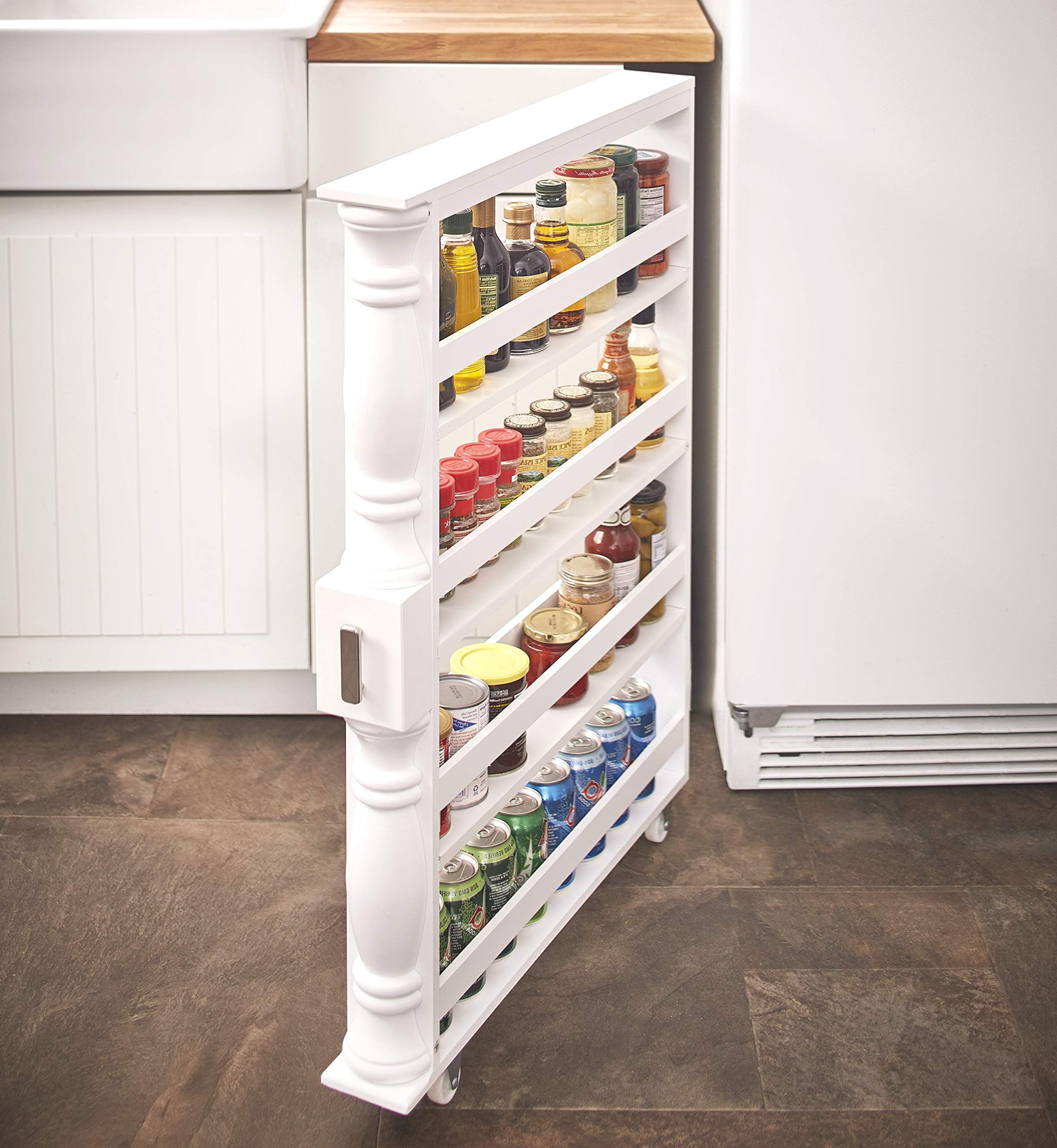 The Lakeside Collection Slim 4 Tier White Wooden Storage Rack Cart on Wheels for Small Spaces, Kitchen, Bathroom Laundry Room Organization