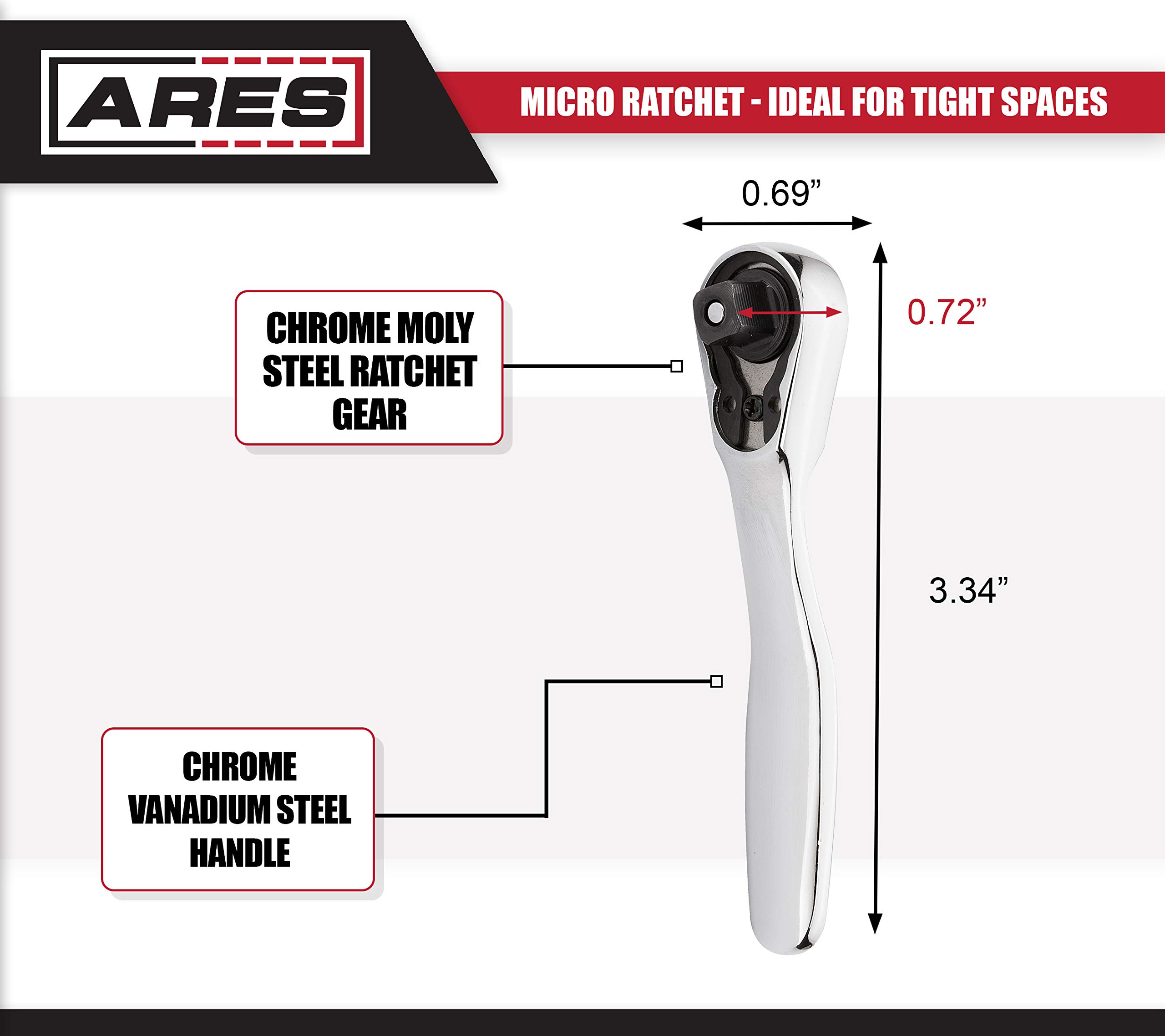 ARES 70041-1/4-Inch Drive High Torque Offset Quick Release Micro Ratchet - 72-Tooth Gearhead with 5 Degree Sweep