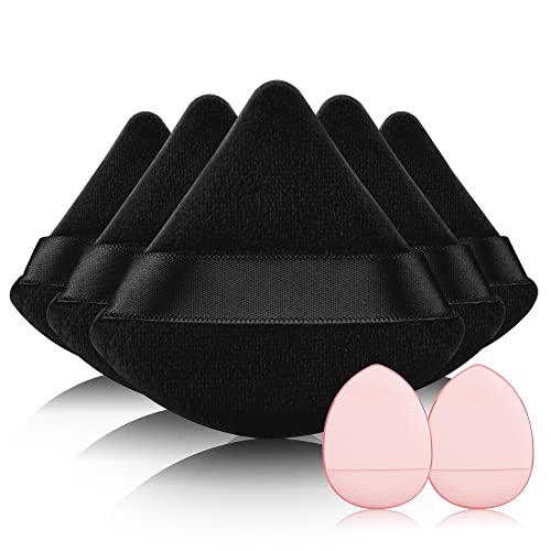 EVAOUXIU Powder Puff - 6 Pcs Triangle Powder Puffs for Face Powder & 2 Pcs Makeup Sponges, Individually Wrapped Velour Cotton Makeup Puff (Black)