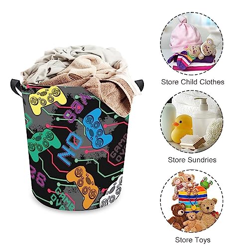HoaMoya Collapsible Colorful Joysticks Gamepad Laundry Basket Cool Gamer Slogan Freestanding Laundry Hamper With Handles Large Waterproof Cloth Toy Storage Bin for Household Bedroom Bathroom