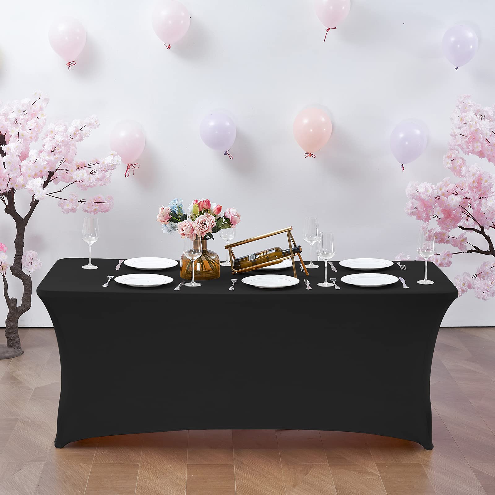 CWK 6FT Stretch Spandex Table Cover for Rectangular Fitted Folding Tables, Wrinkle Resistant, Elastic Stretchable Patio Tablecloth Protector for Party, Banquet, Wedding and Events (Black)