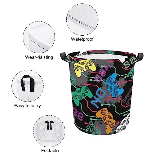 HoaMoya Collapsible Colorful Joysticks Gamepad Laundry Basket Cool Gamer Slogan Freestanding Laundry Hamper With Handles Large Waterproof Cloth Toy Storage Bin for Household Bedroom Bathroom