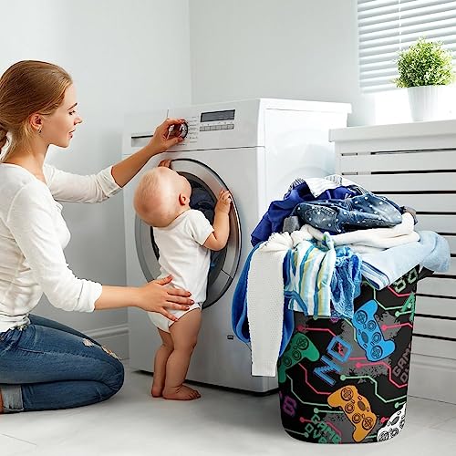 HoaMoya Collapsible Colorful Joysticks Gamepad Laundry Basket Cool Gamer Slogan Freestanding Laundry Hamper With Handles Large Waterproof Cloth Toy Storage Bin for Household Bedroom Bathroom