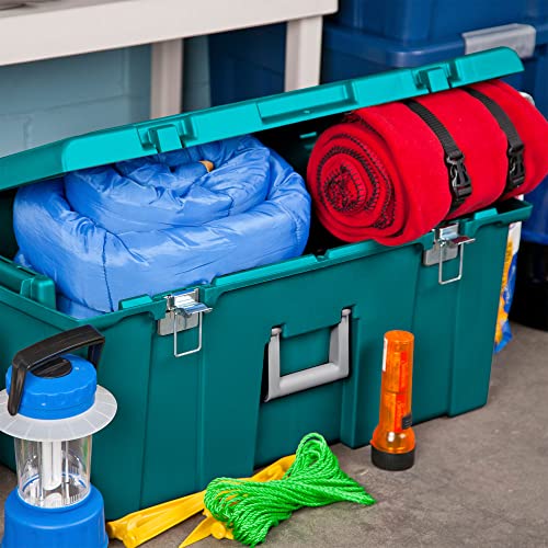 Sterilite 16 Gallon Lockable Storage Tote Footlocker Toolbox Container Box with Wheels, Metal Handles, and Latches, Teal with Gray Clips (2 Pack)