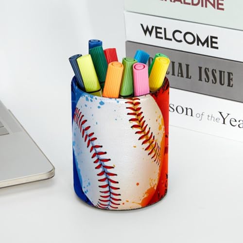 Pen Holder for Desk, Art Red and Blue Baseball Large Pencil Holder Pen Cup Decorative Desktop Organizers for Home, School, Classroom, Office