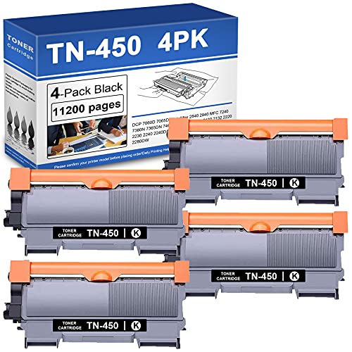 4 Pack TN-450 TN450 Black High Yield Toner Cartridge Replacement for Brother DCP-7060D 7065DN Intellifax 2840 MFC-7240 7360N 7860DW HL-2130 2132 2220 Printer Toner.
