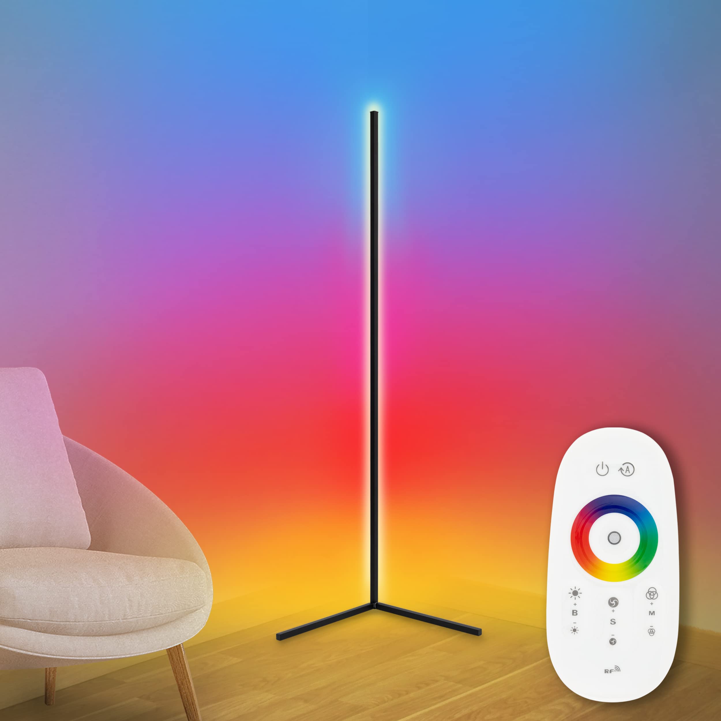 Keficor RGB LED Corner Floor Lamp, Color Changing Standing Floor Lamp for Ambient Lighting for Living Room and Bedroom, Adjustable and Dimmable Tall Lamp with Remote, 56 Inch, Black