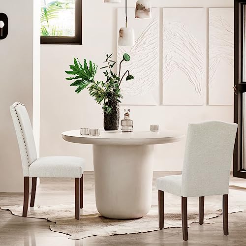 Sweetcrispy, Modern Upholstered Fabric Dining Nailhead Back and Wood Legs, Mid-Century Accent Side Chair for Living Room, Bedroom, Kitchen, Set of 4, Grey
